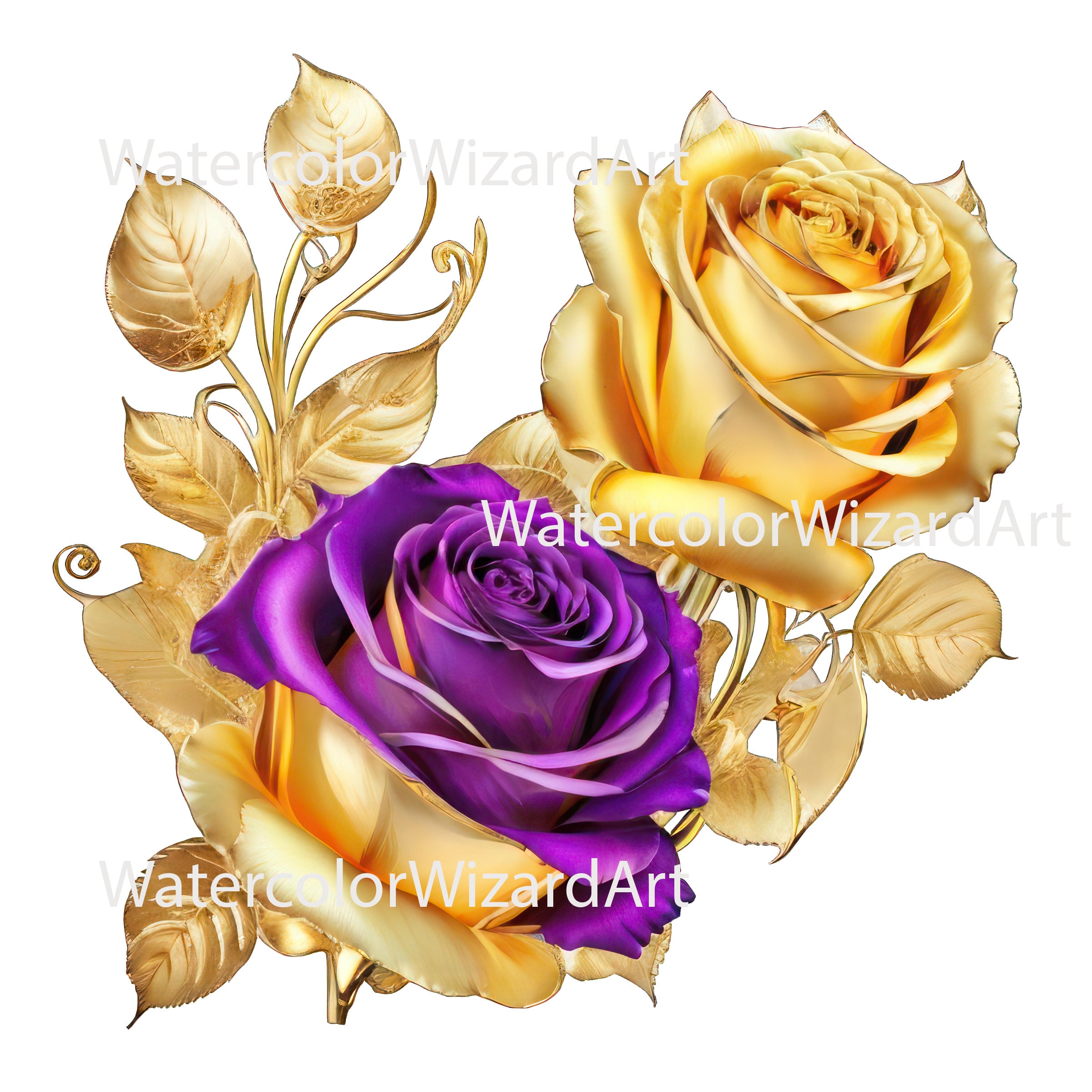 Watercolour Gold Purpl Roses Clipart, Purple Gold Roses Png, Flowers ...