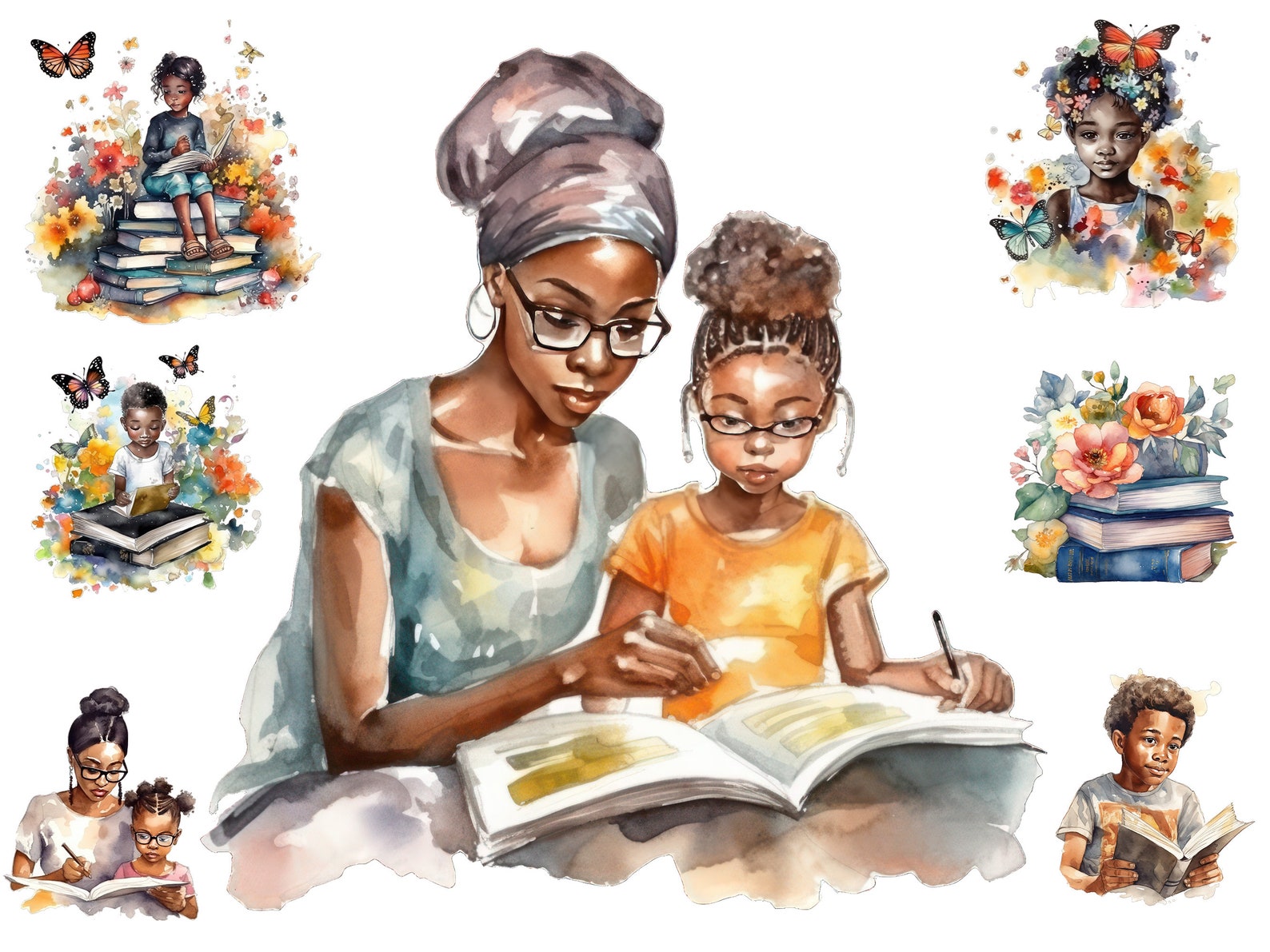 Watercolour Black Kids Clipart, Kids Reading Books Clipart, Book Lover ...