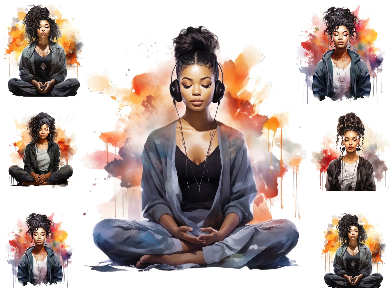 Watercolor Young Black Girl Clipart. Yoga Clipart PNG ,meditation ...