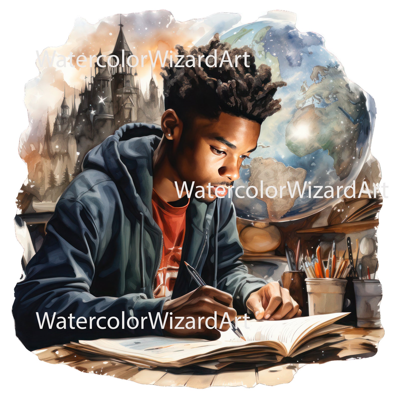 Watercolour Black Boy Student Clipart, African American Man Writer Png ...