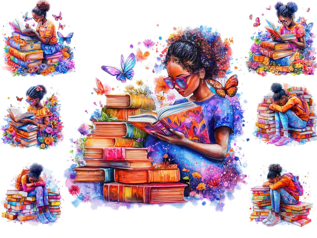 Watercolour Black Girl Reading Clipart, Girl Studying Clipart, Book ...