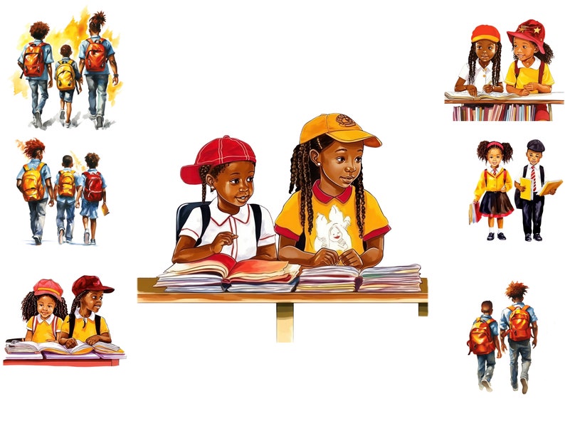 Watercolour African American Kids Clipart, Kids Back to School Png ...