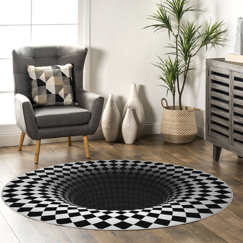 Psychedelic Optical Illusion Rug, Round Vortex Rug, Black and White Rug ...