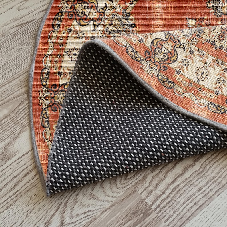Round Turkish Rug, Orange Cream Area, Boho Floral, Rustic Antique ...