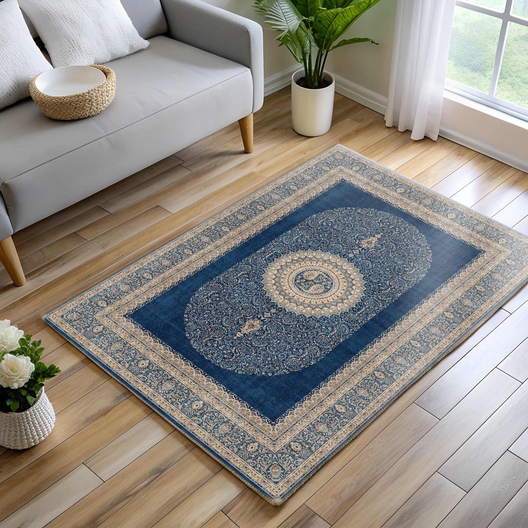 Dark Academia Rug, Classic Navy Blue Beige, Victorian Style, Vintage ...