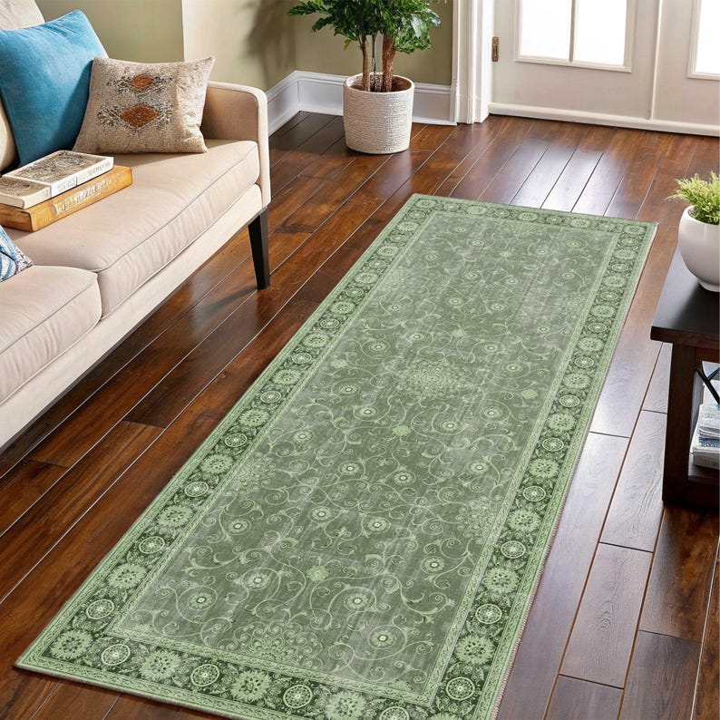 Sage Green Runner Rug, Distressed Boho, Floral Turkish, Vintage Faded ...