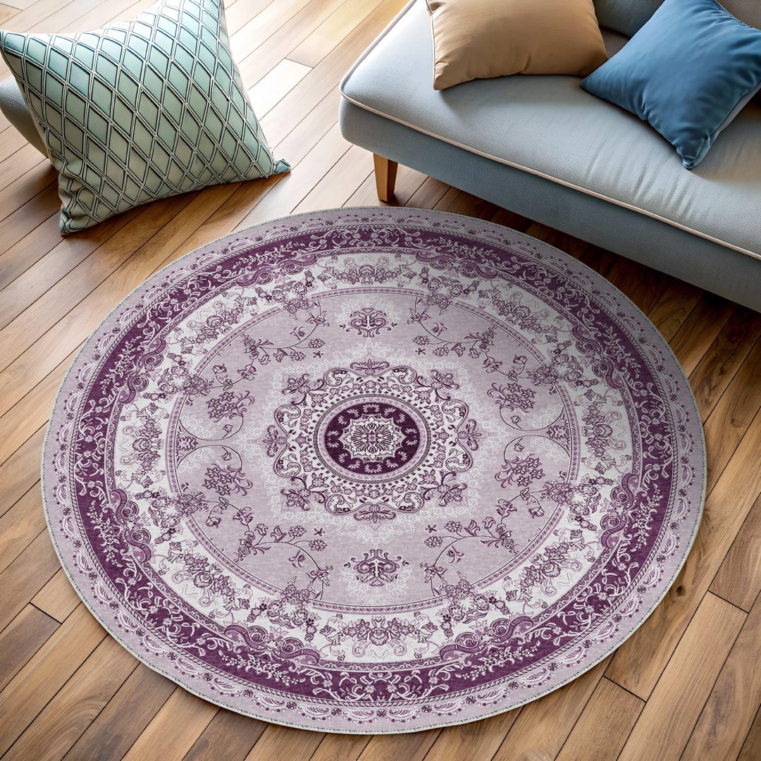 Round Chinoiserie Rug, Circle Oushak, Lilac White Circular, Boho Floral ...