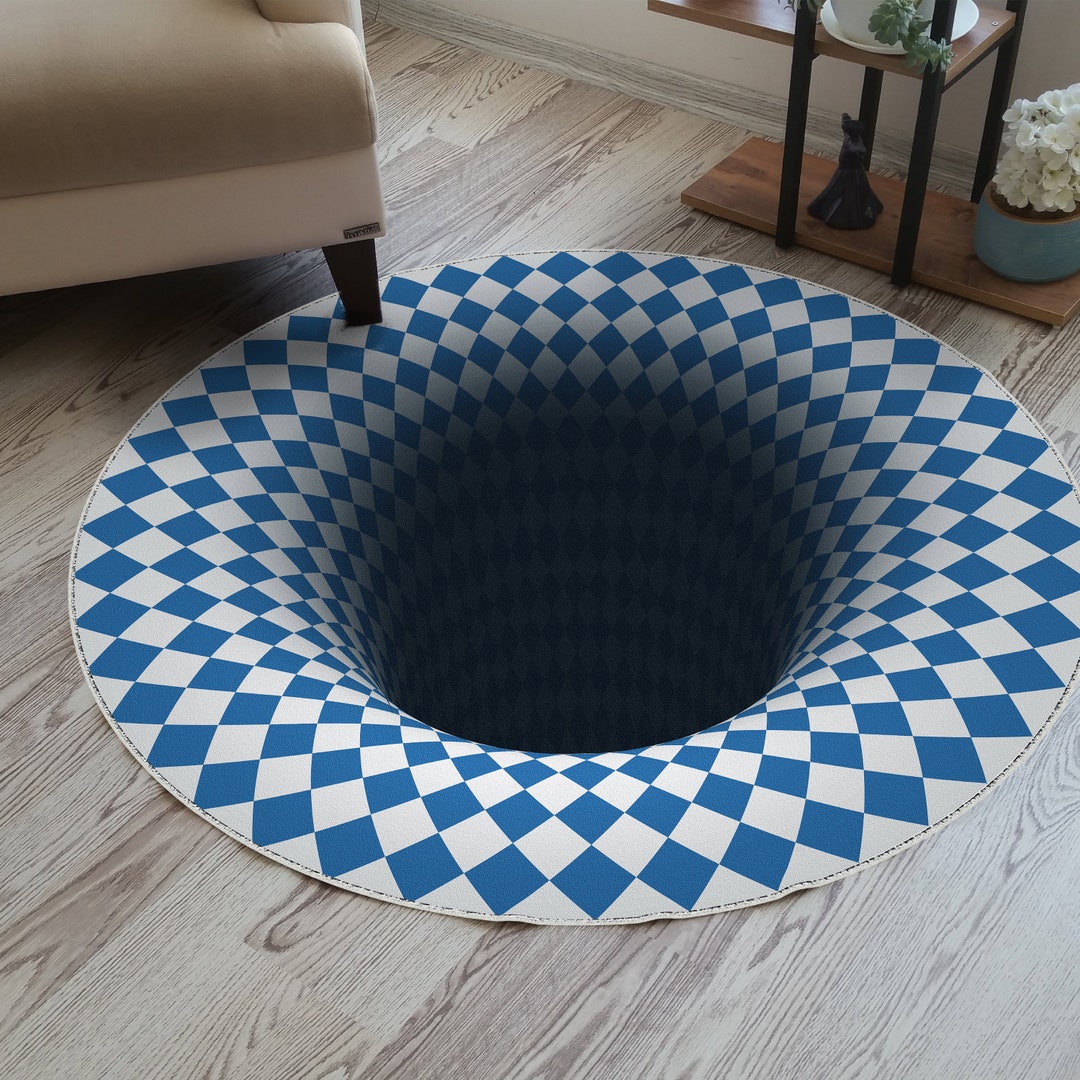 Round Vortex Rug, Optical Illusion Rug, Circle Checkered, Blue White ...