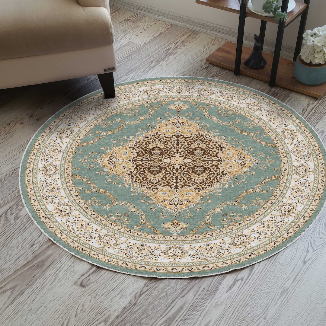 Mint Green Turkish Rug, Round Oushak Rug, Vintage Faded, Pale Turquoise ...