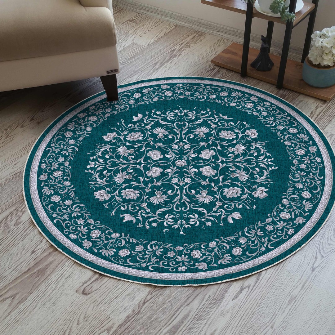 Teal Floral Rug, Round Oushak Rug, Circle Turkish Area, Rose Pattern ...