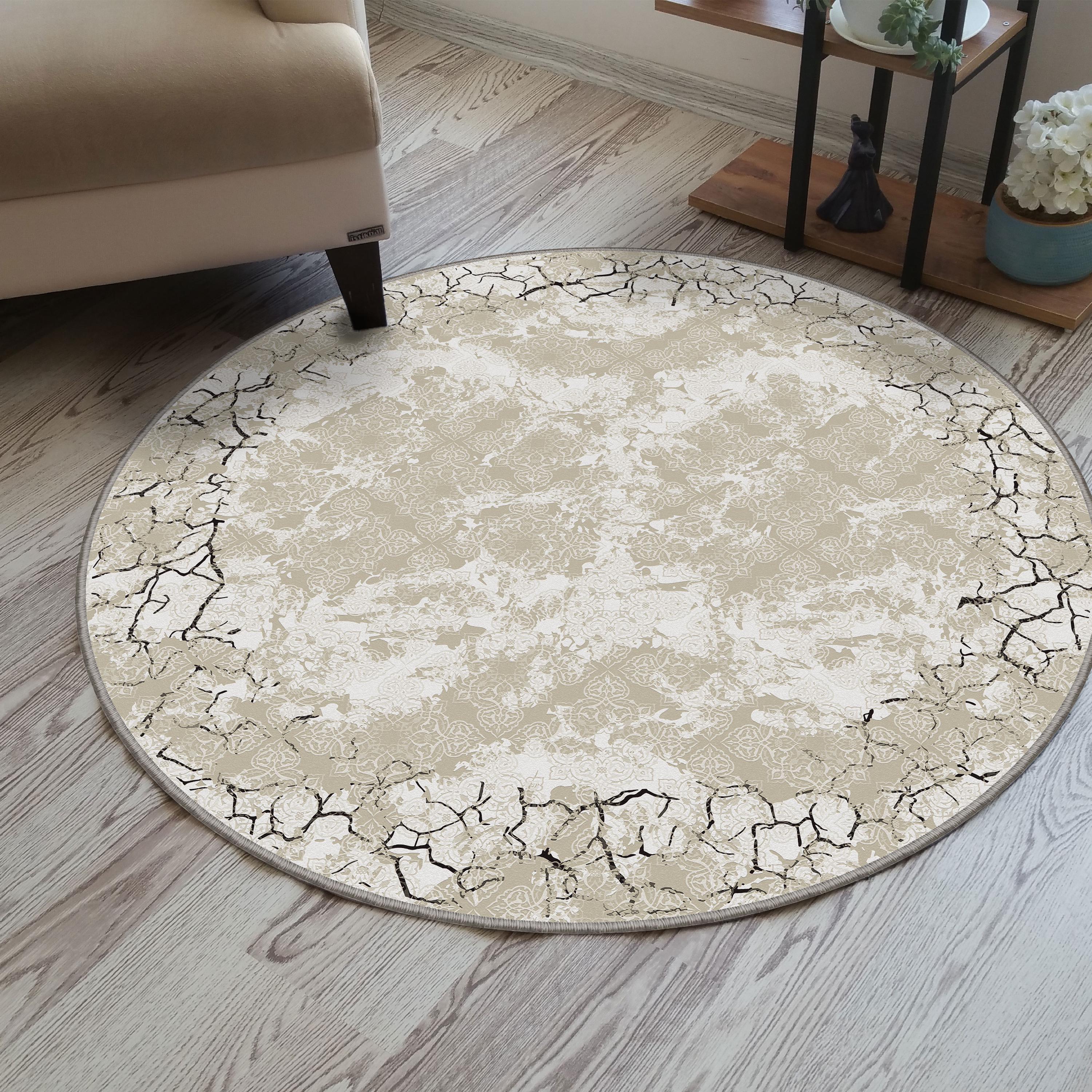 Round Abstract Rug, Muted Cream, Neutral French Carpet, Beige White Art ...