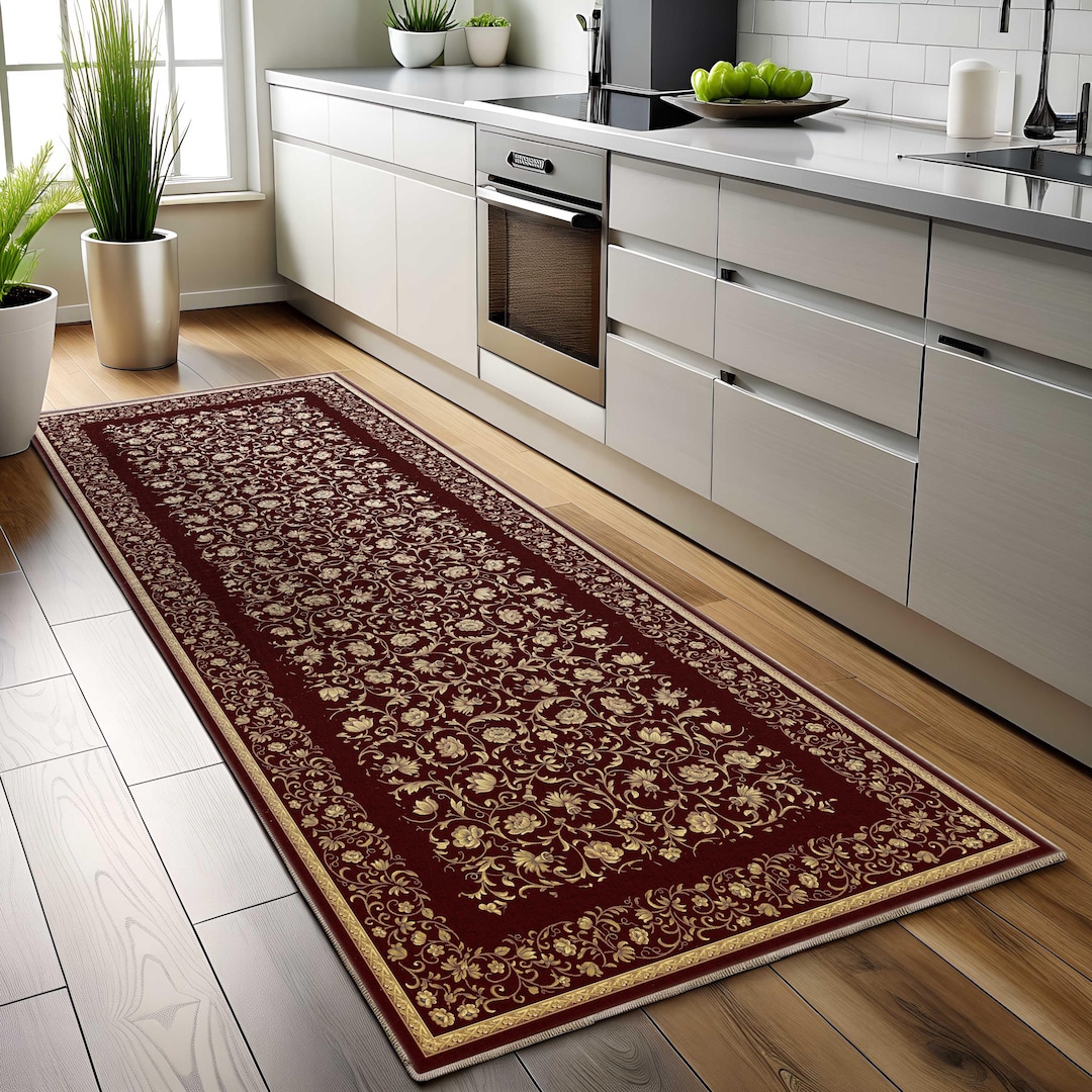 Gold Burgundy Runner Rug, Oushak Floral Runner, French Style, Oriental ...