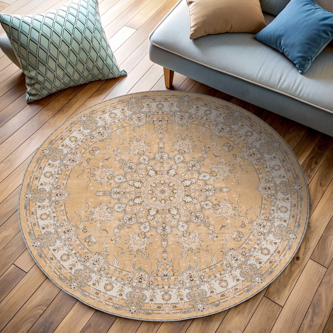 Round Turkish Rug, Pastel Amber Rustic, Antique Boho Floral ...