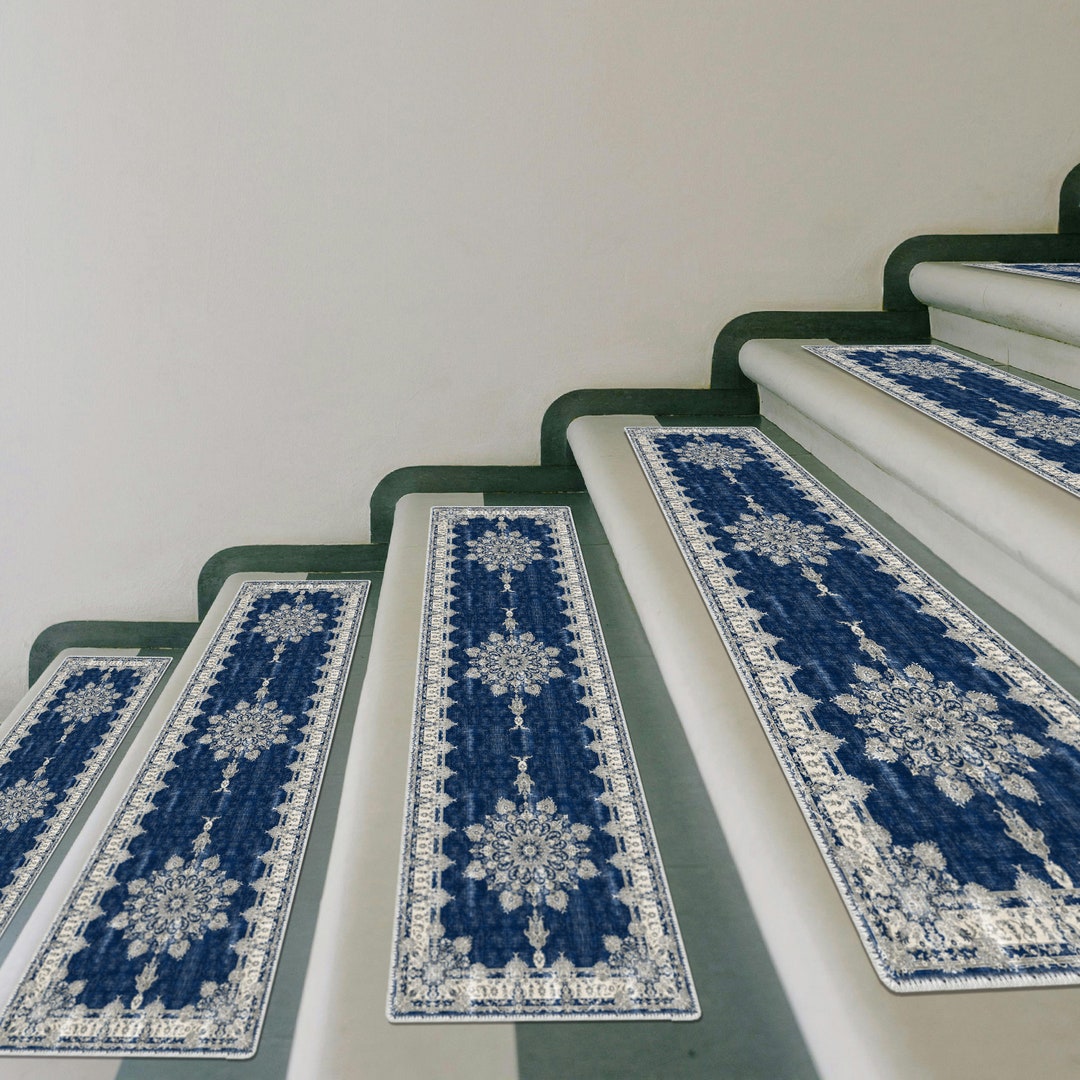 Navy Blue Stair Treads Rug, Floral Stair Runner Rug, Stair Treads ...