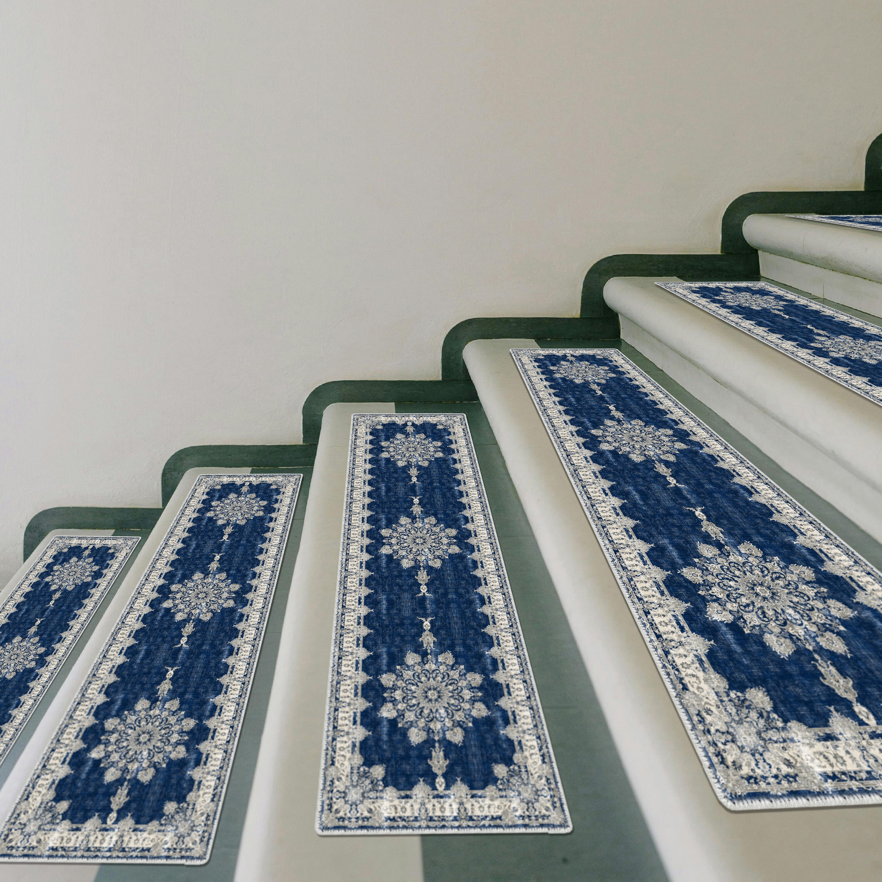 Navy Blue Stairs Treads Rug, Bohemian Traditional, Antique Floral Stair ...