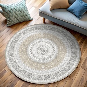 Round Cobalt Blue Turkish Rug, Beige Blue Oushak Rug, Dark Academia ...