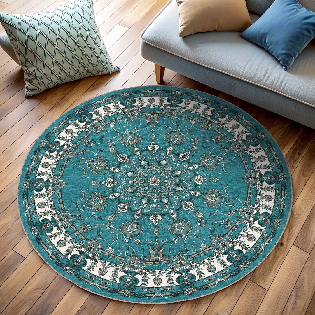Round Turkish Area Rug, Teal Floral White Bordered, Boho Oushak ...