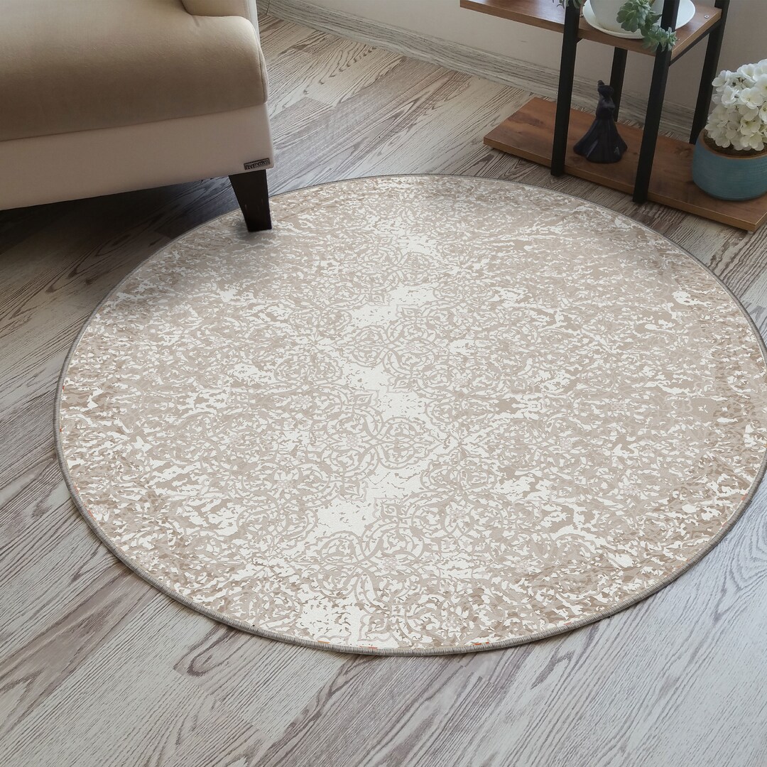 Round Aesthetic Rug, Beige White Art Rug, Cream Round Rug, Beige ...