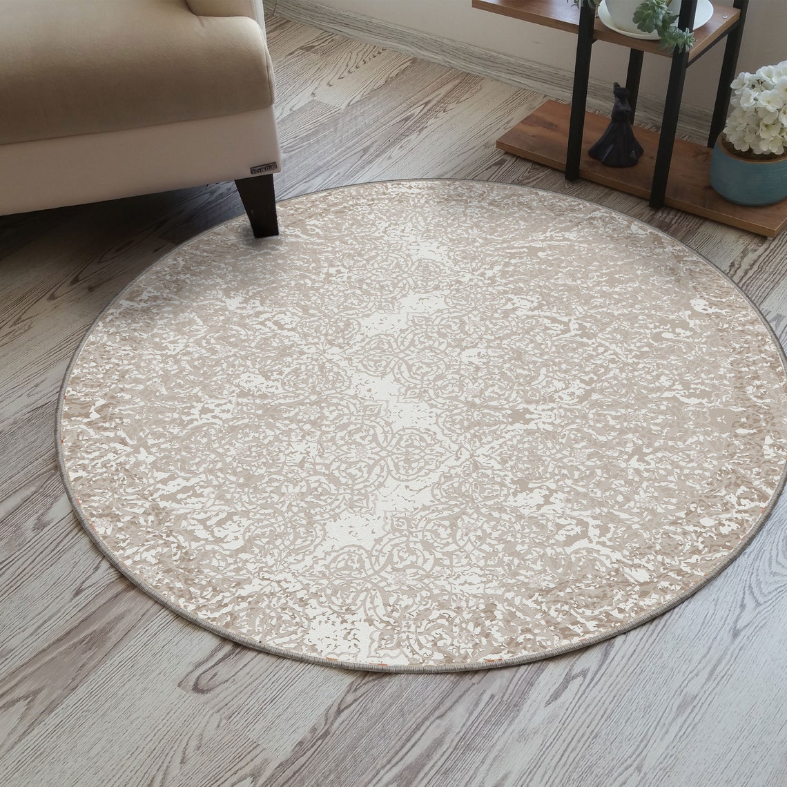 Round Abstract Rug, Muted Cream, Neutral French Carpet, Beige White Art ...