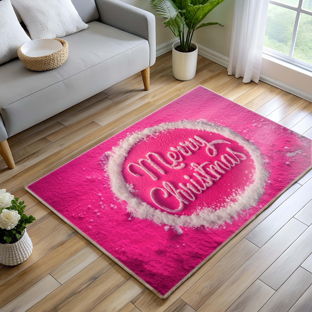 Merry Christmas Rug, Xmas Area Rug, Pink White Snow, Happy New Year ...