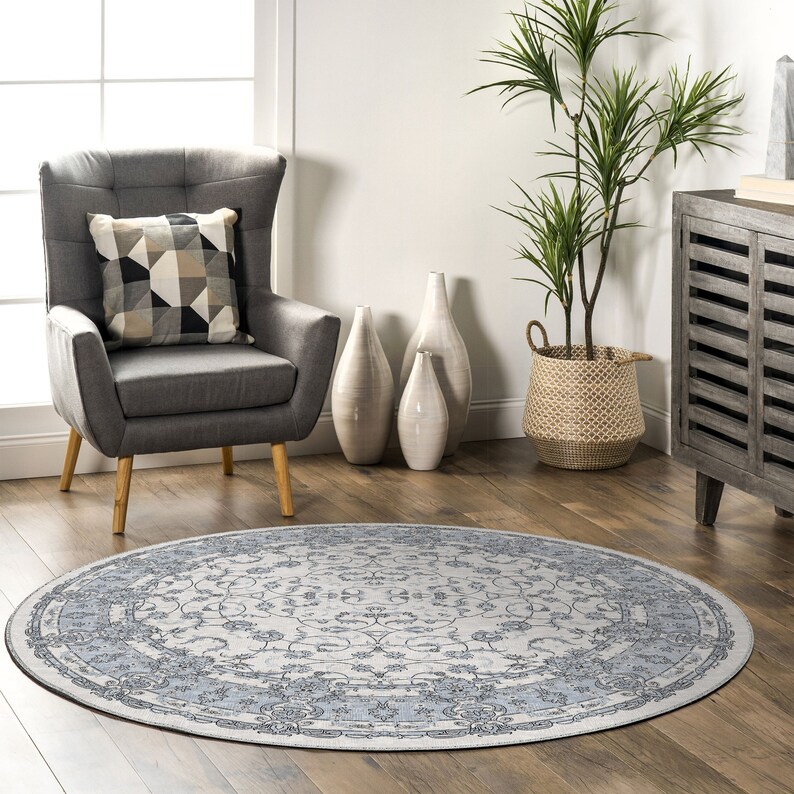 Distressed Round Rug, Antique Circle Rug, Boho Oushak Rug, Muted Floral ...