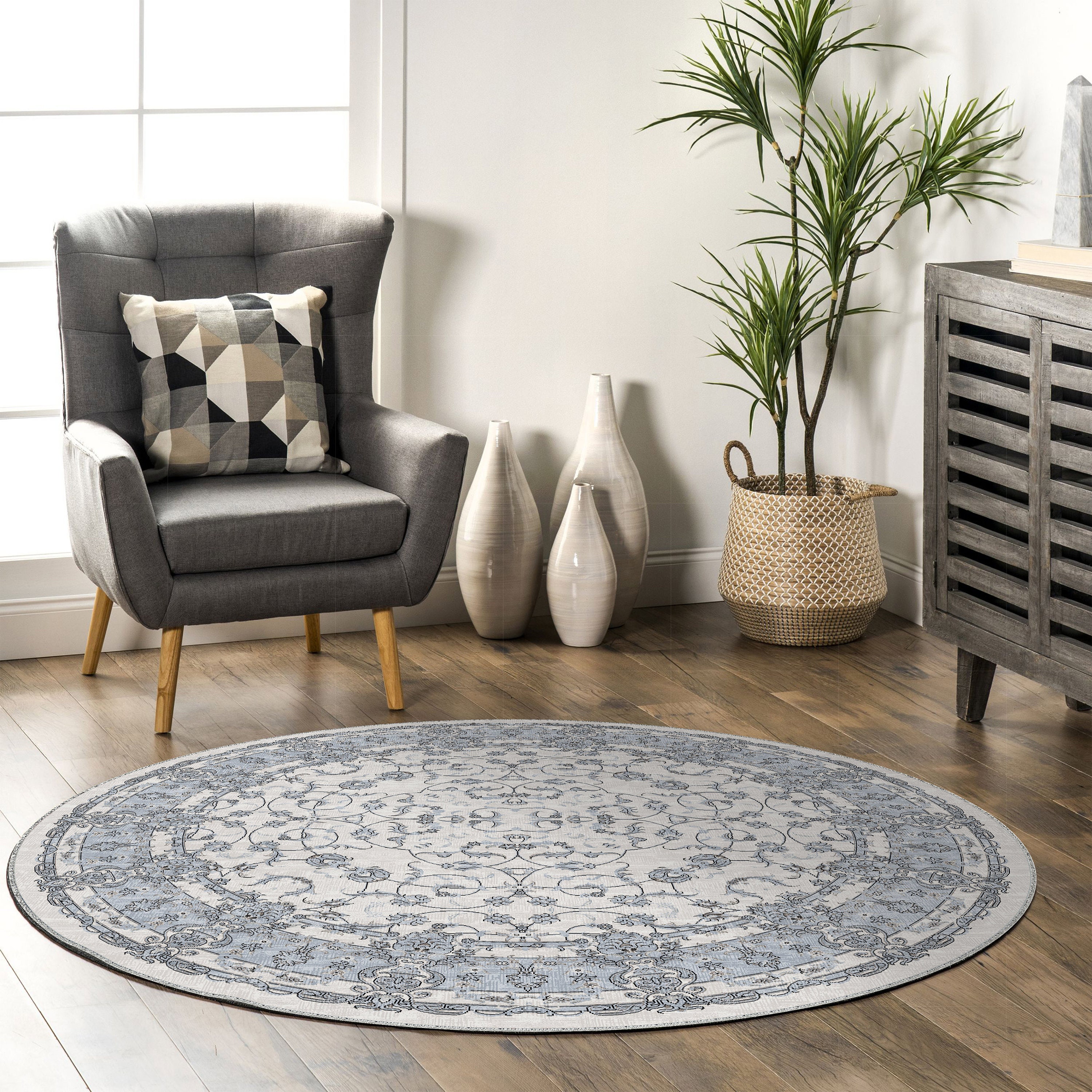 Distressed Round Rug, Antique Circle Rug, Boho Oushak Rug, Muted Floral ...