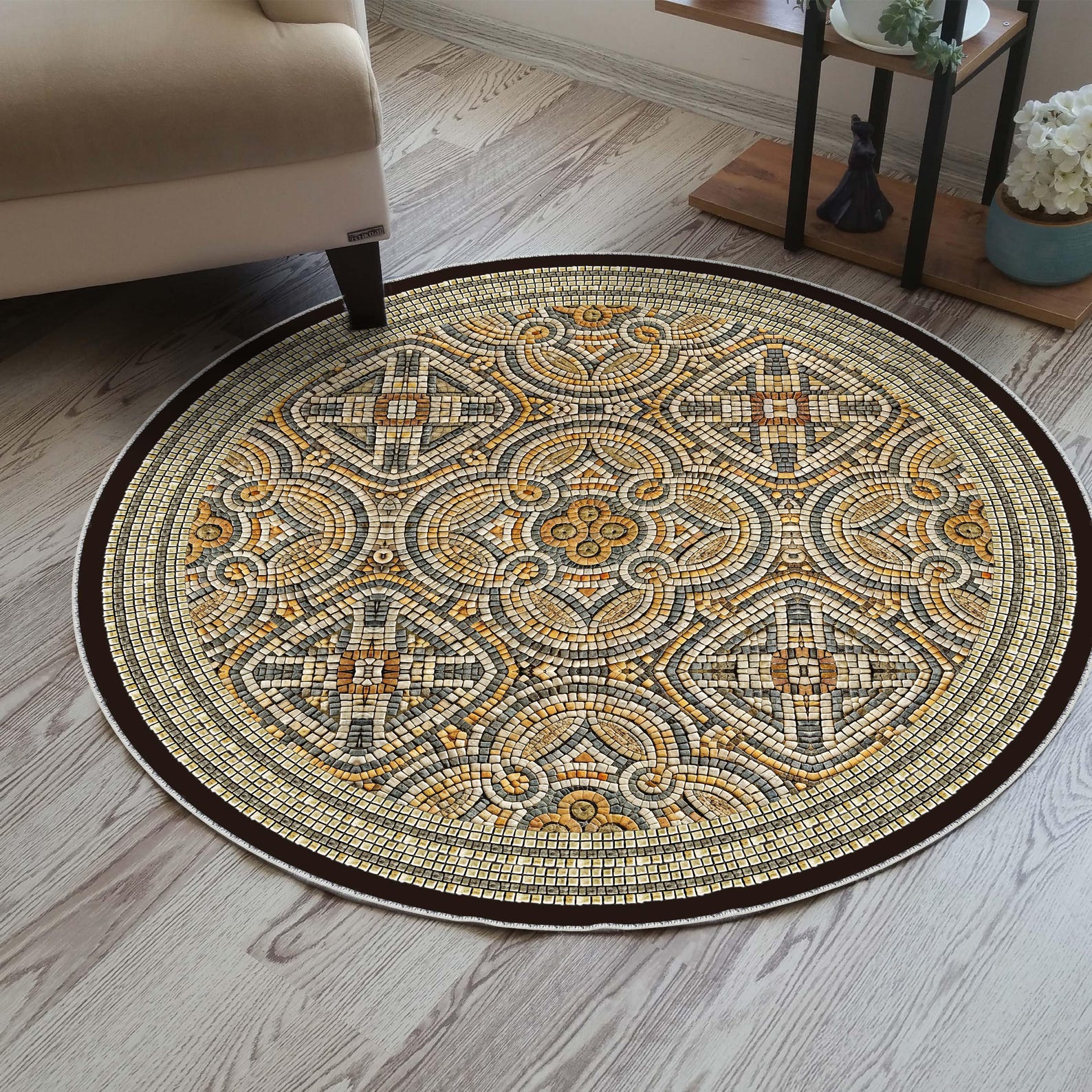 Round Mosaic Tile Pattern Rug, Mustard Yellow Cream Gray, Stylish ...
