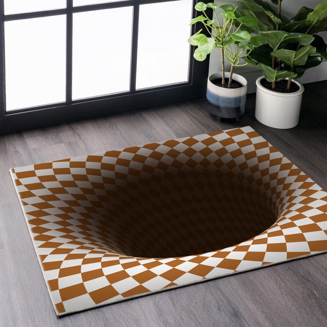 Optical Illusion Rug, 3D Square Vortex Rug, Cinnamon Checkered, Trippy ...