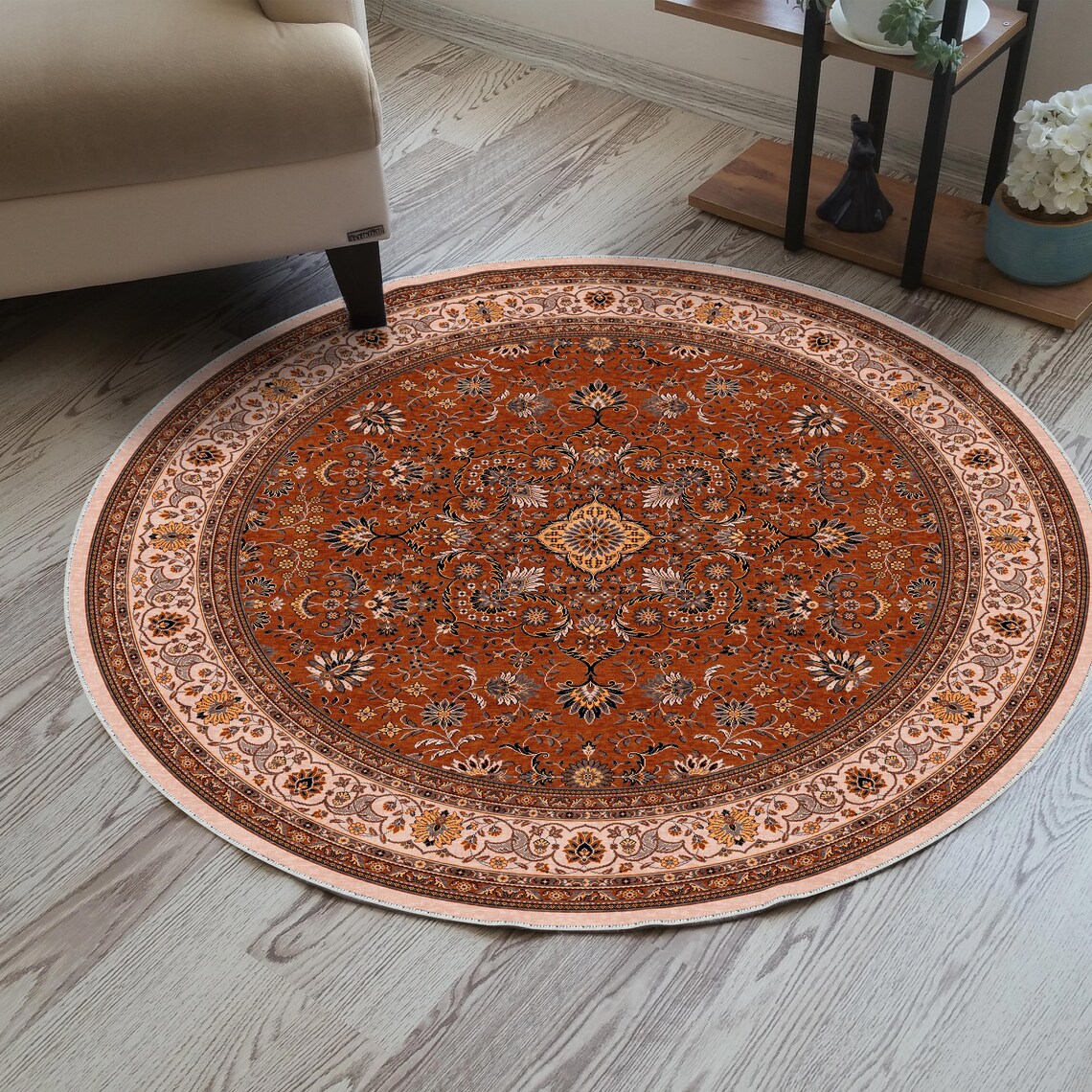 Round Oushak Rug, Oriental Floral Rug, Round Turkish Rug, Circle Floral ...