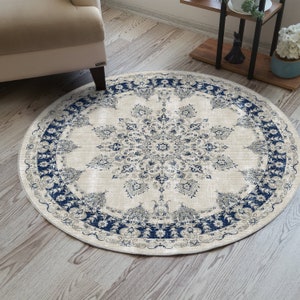 Navy Blue Round Rug, Circle Medallion Rug, Boho Rug, Modern Vintage ...