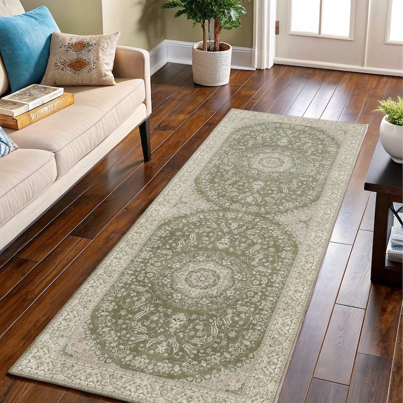 Floral Vintage Runner Rug, Olive Green Turkish Boho, Oriental Long ...