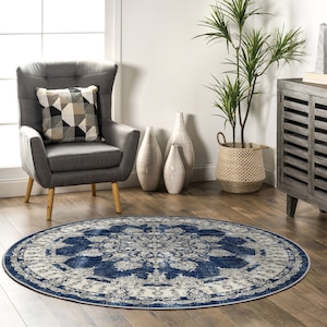 Navy Blue Round Rug, Circle Medallion Rug, Boho Rug, Modern Vintage ...