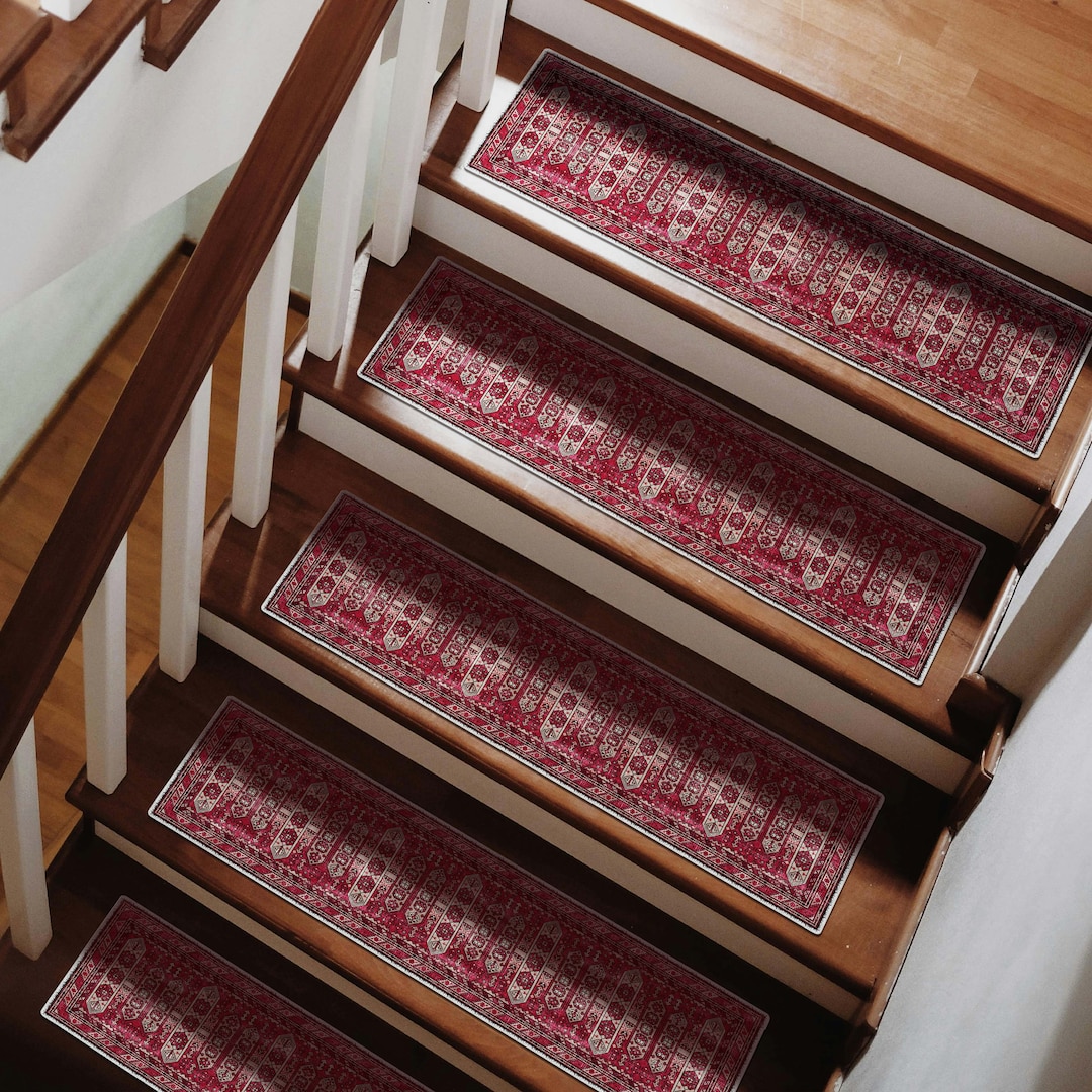 Burgundy Stair Treads Rug, Farmhouse Stair Runner Rug, Stair Steps Set ...