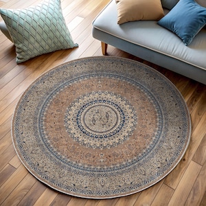 Round Cobalt Blue Turkish Rug, Beige Blue Oushak Rug, Dark Academia ...