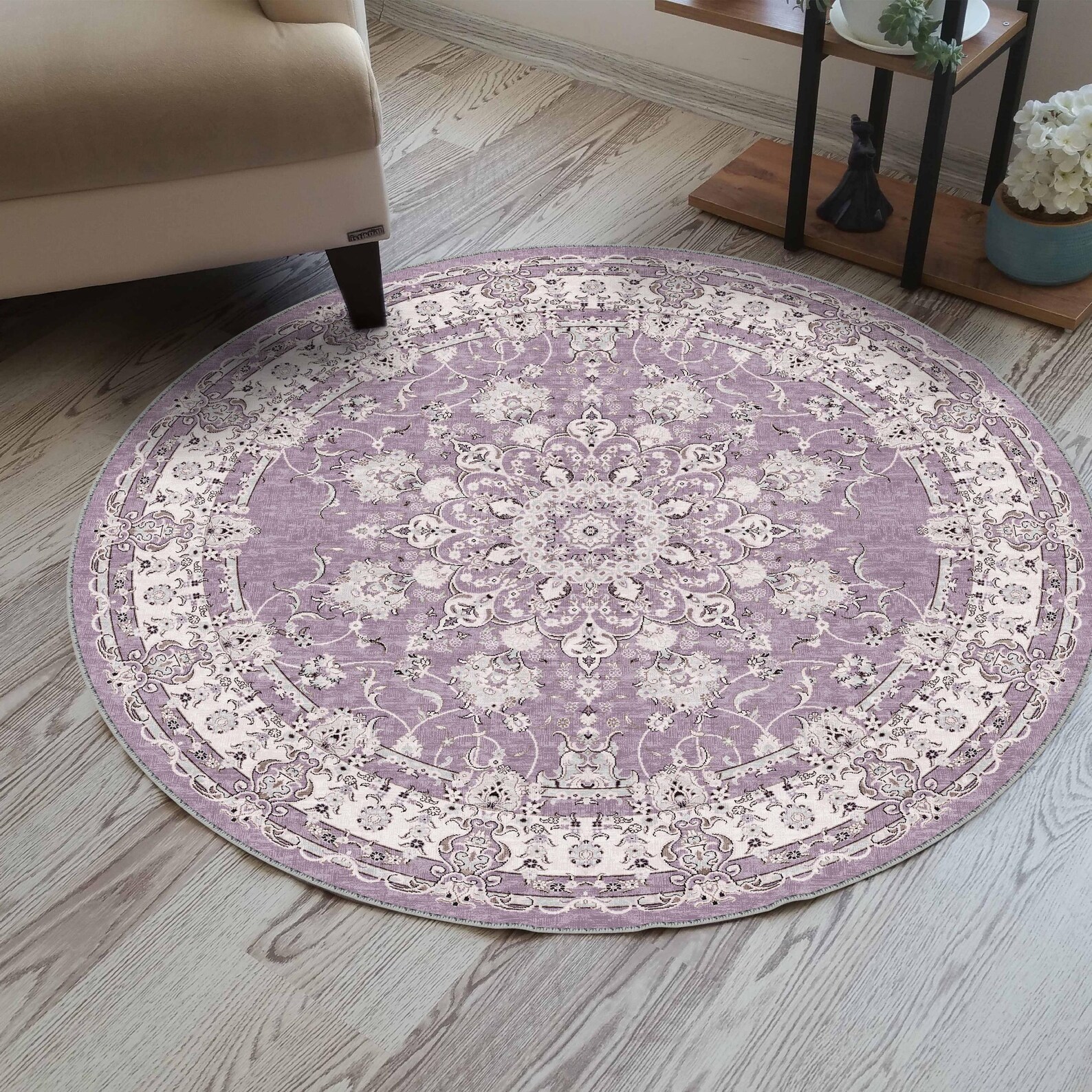 Round Lilac Turkish Rug, Pastel Oushak, Lavender Rustic, Boho Floral ...