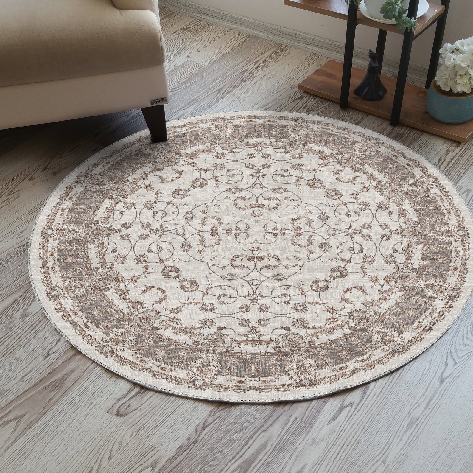 Distressed Round Rug, Antique Circle Rug, Boho Oushak Rug, Muted Floral ...