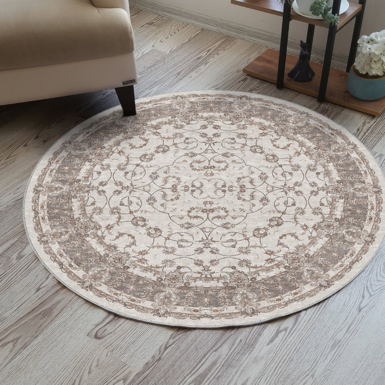 Distressed Round Rug, Antique Circle Rug, Boho Oushak Rug, Muted Floral ...
