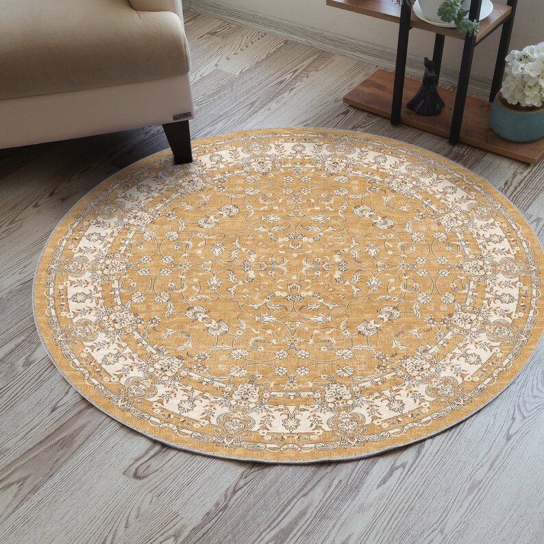 Distressed Round Rug, Antique Circle Rug, Boho Oushak Rug, Muted Floral ...