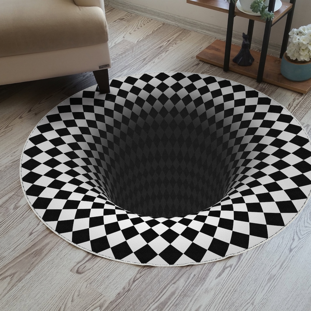 Psychedelic Optical Illusion Rug, Round Vortex Rug, Black and White Rug ...