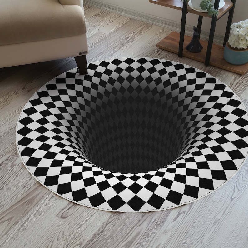 Psychedelic Optical Illusion Rug, Round Vortex Rug, Black and White Rug ...