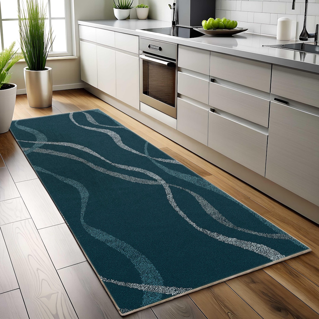 Dark Teal Runner Rug for Corridor, Modern Abstract, Retro Kitchen ...