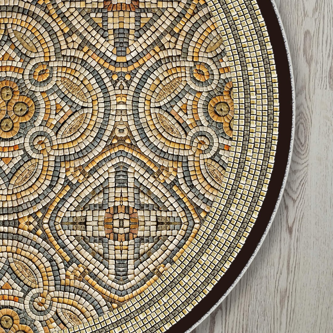 Round Mosaic Tile Pattern Rug, Mustard Yellow Cream Gray, Stylish ...