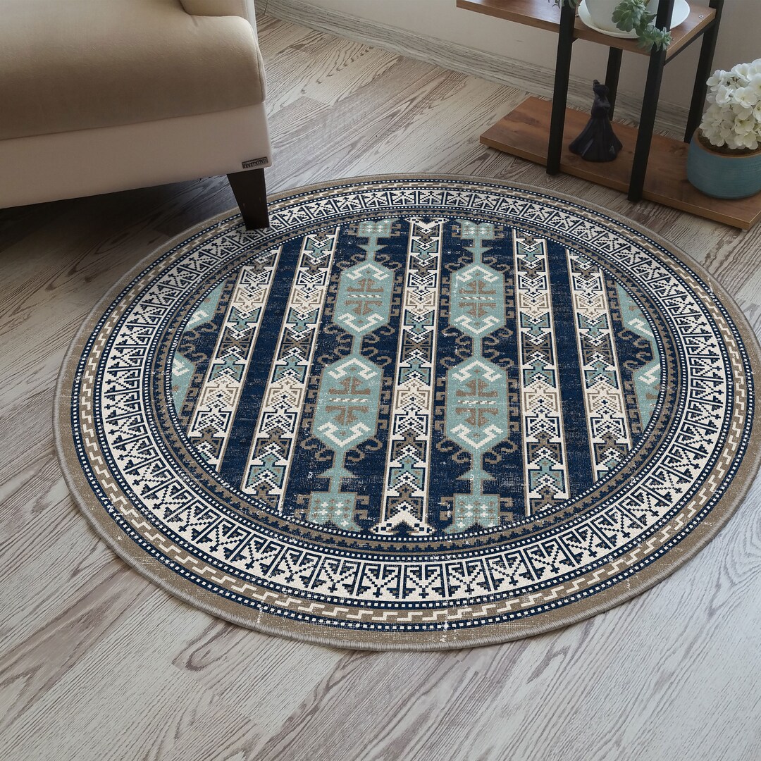 Round Turkish Rug, Blue Round Rug, Custom Round Rug, Vintage Round Rug ...