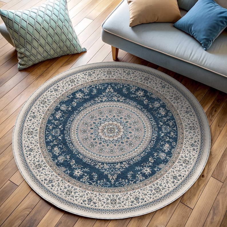 Round Teal Oushak Rug, Turkish Boho Floral, Vintage Oriental Area ...