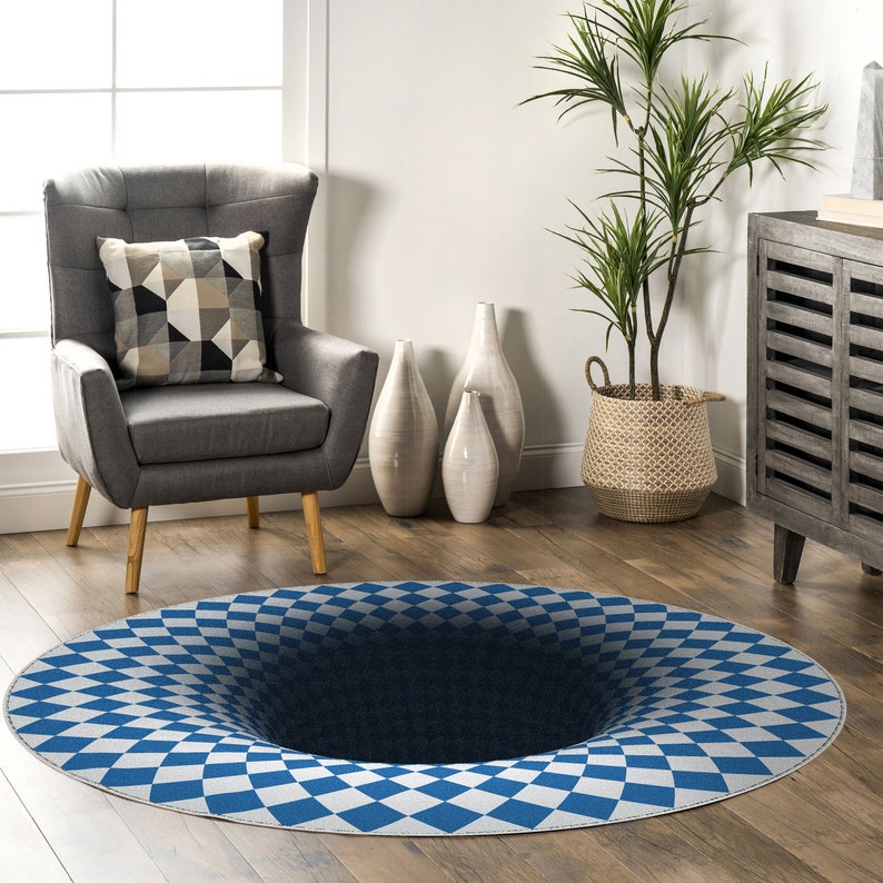 Psychedelic Optical Illusion Rug, Round Vortex Rug, Black and White Rug ...