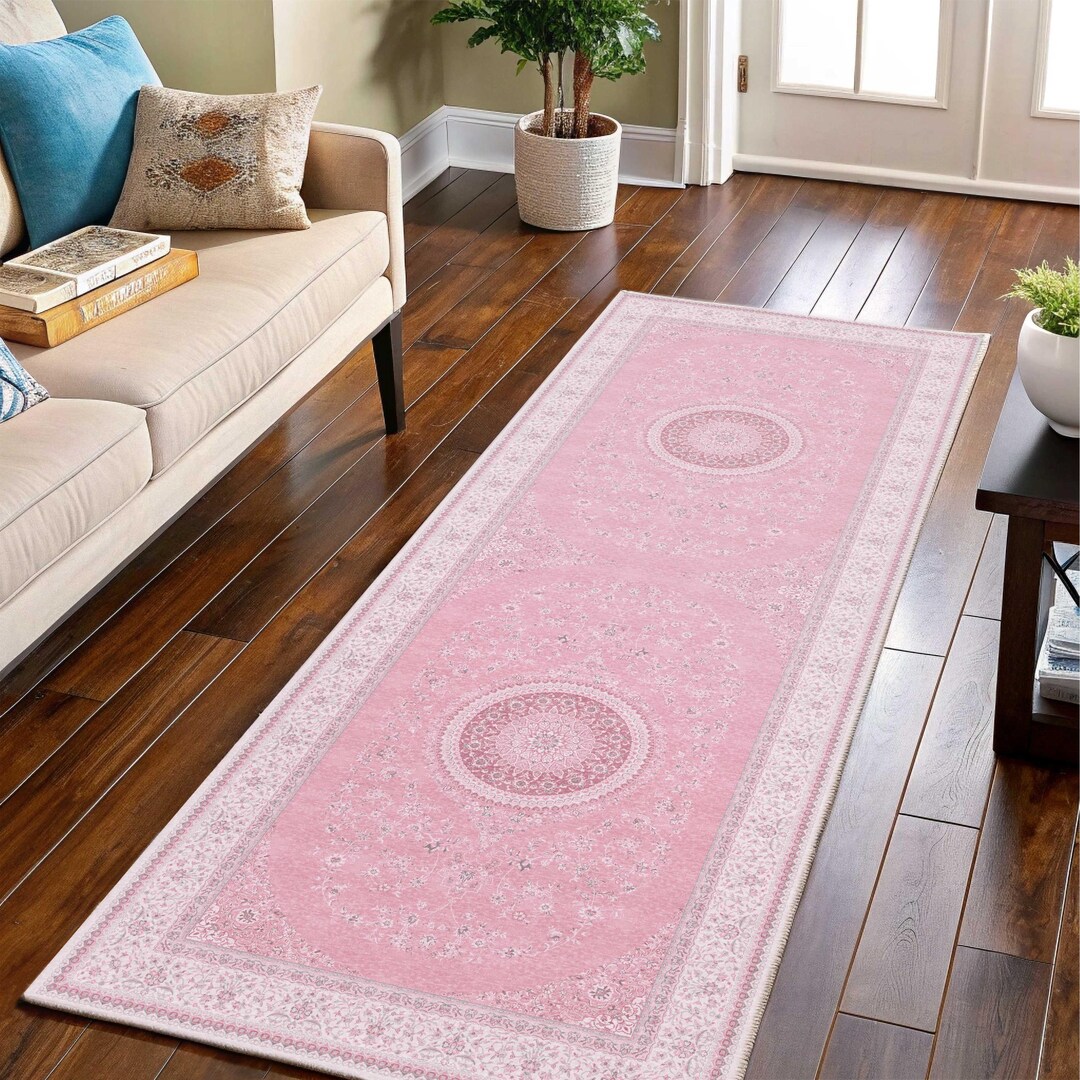 Turkish Pink Runner Rug, Boho Floral Runner, Extra Long Rug for Kitchen ...