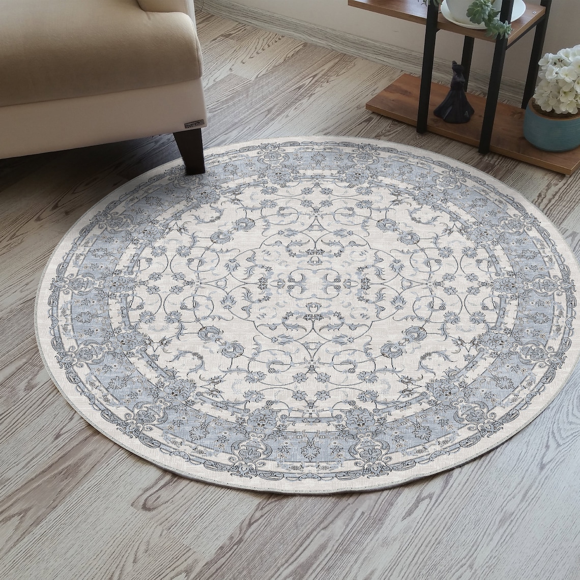 Distressed Round Rug, Antique Circle Rug, Boho Oushak Rug, Muted Floral ...