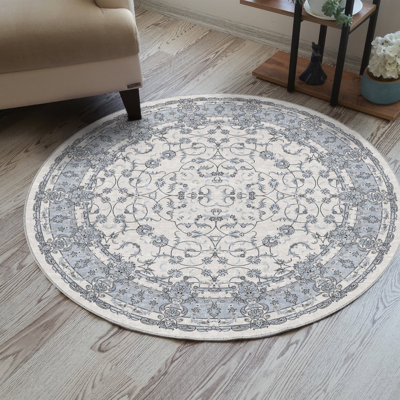 Distressed Round Rug, Antique Circle Rug, Boho Oushak Rug, Muted Floral ...