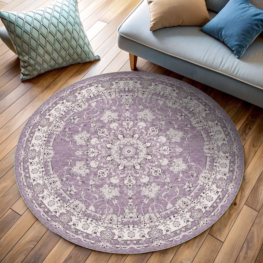 Round Lilac Turkish Rug, Pastel Oushak, Lavender Rustic, Boho Floral ...