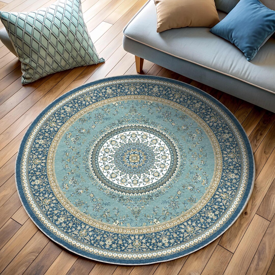 Circle Turkish Rug, Round Oushak Rug, Blue White Area, Vintage Floral ...